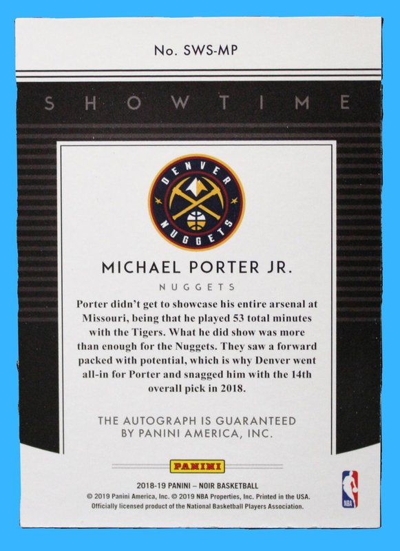 2018-19 Panini Noir Bsaketball Michael Porter Jr. Showtime Rookie Auto ...